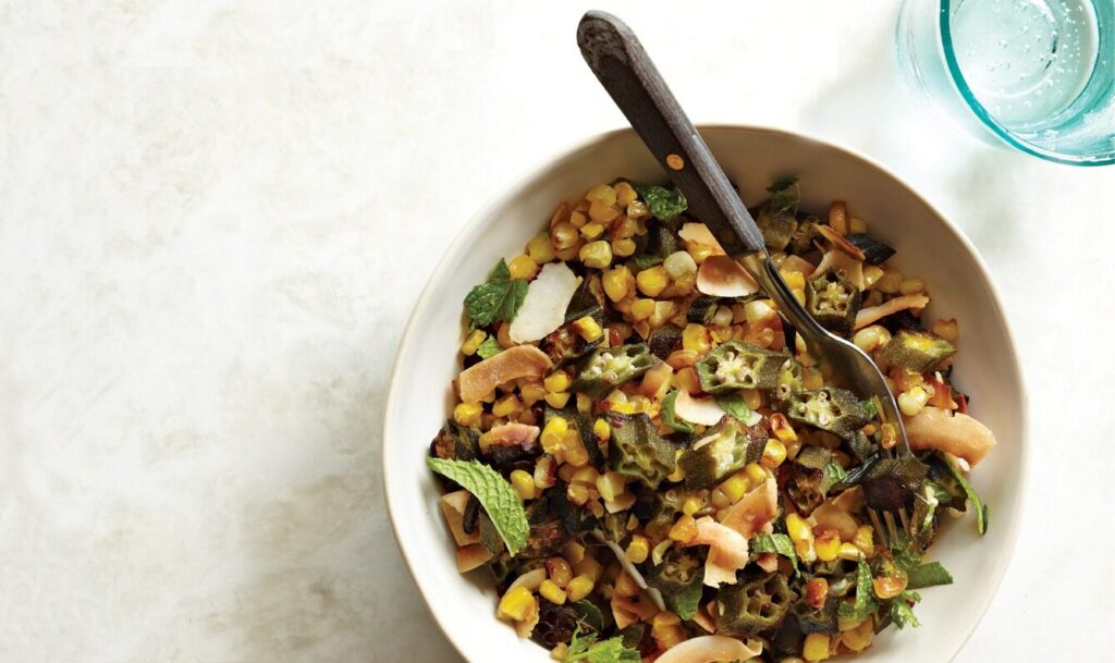 Caramelized Okra and Corn with Coconut, Mint, and Lime Recipe